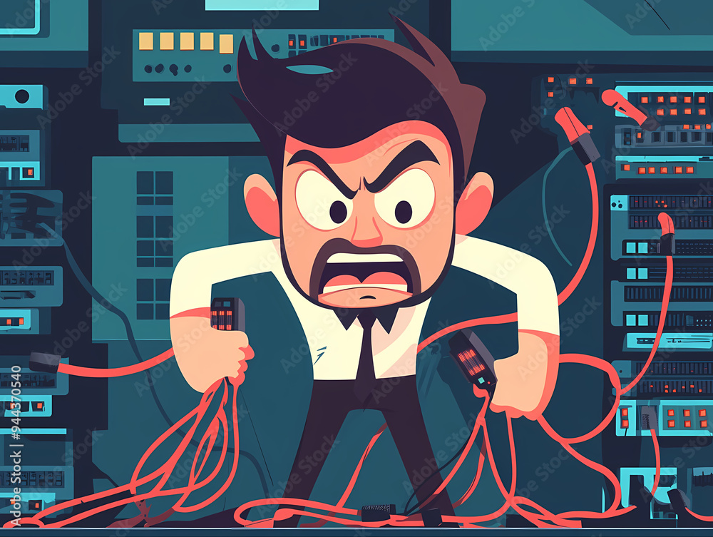 Angry system administrator in a data center struggling with tangled ...