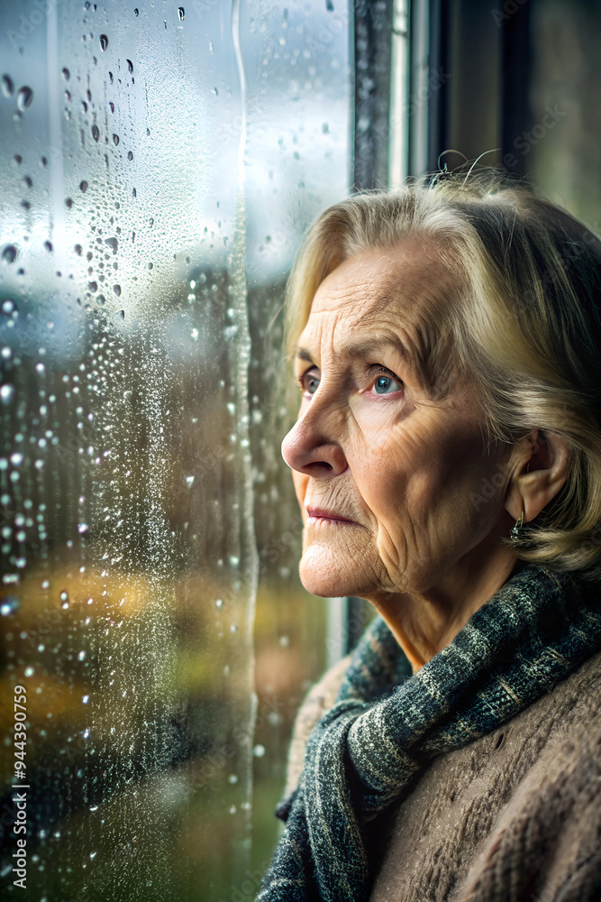 window, staring at the drizzle outside. The raindrops outside the ...