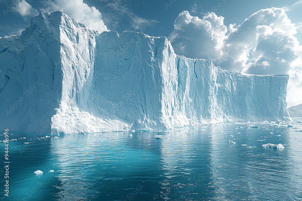 A polar ice shelf breaking apart, revealing open water underneath ...