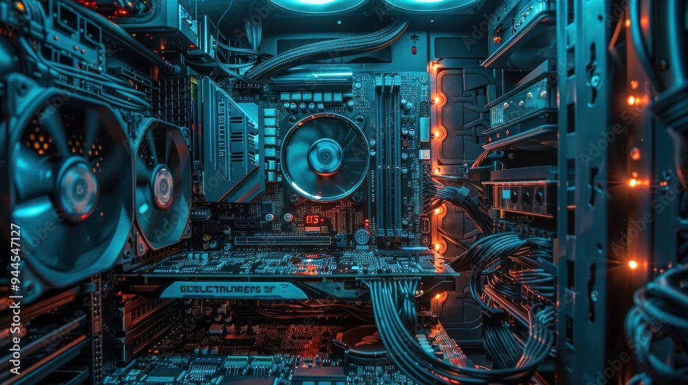 Computer circuit board and CPU cooling fan Inside a high-performance ...