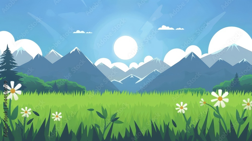 Cartoon mountain range with sun and green grass. Stock Illustration ...