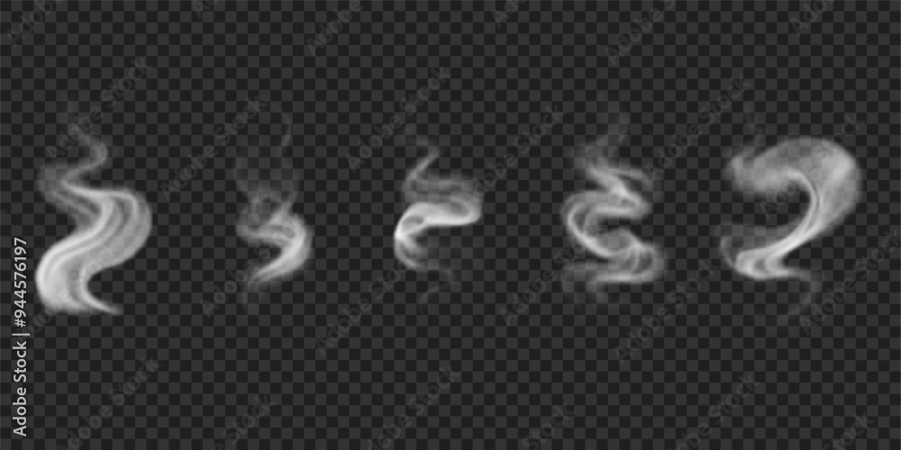 Realistic wavy smoke effect on water, bbq, hot drinks, food. Set of ...