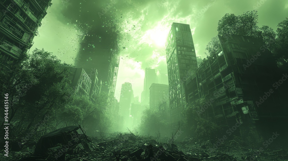 Futuristic dystopian city after a massive explosion, buildings ...