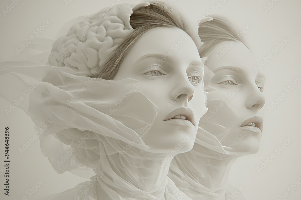 Dual Female Faces with Transparent Veil Overlays and Brain Patterns ...