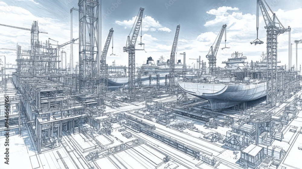 Detailed Blueprint of a Shipyard with Industrial Cranes, Ship ...