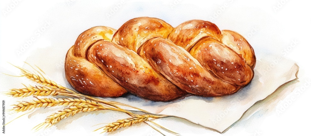 Watercolor illustration of traditional Jewish challah bread hand drawn ...