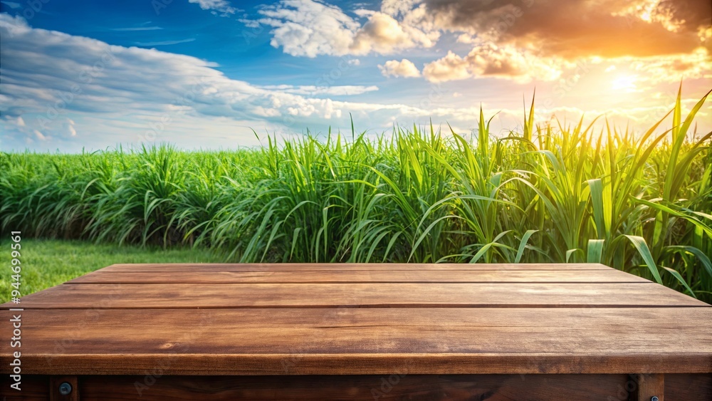 Wooden table set against backdrop of lush sugarcane field, table, wood ...