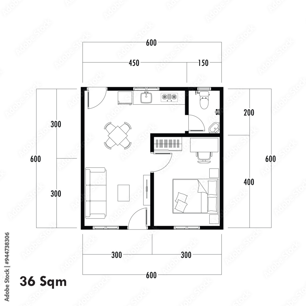 Vector de Stock Floor plan blueprint type 36 sqm, Figure of the jotting ...