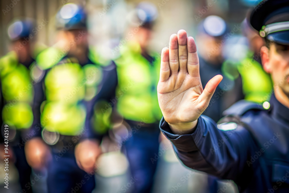 Police Officer Hand Stop Sign Warning Blurred Crowd Stock Photo | Adobe ...