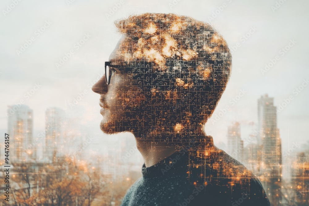 Silhouette of a man with a cityscape merging into his head symbolizing ...