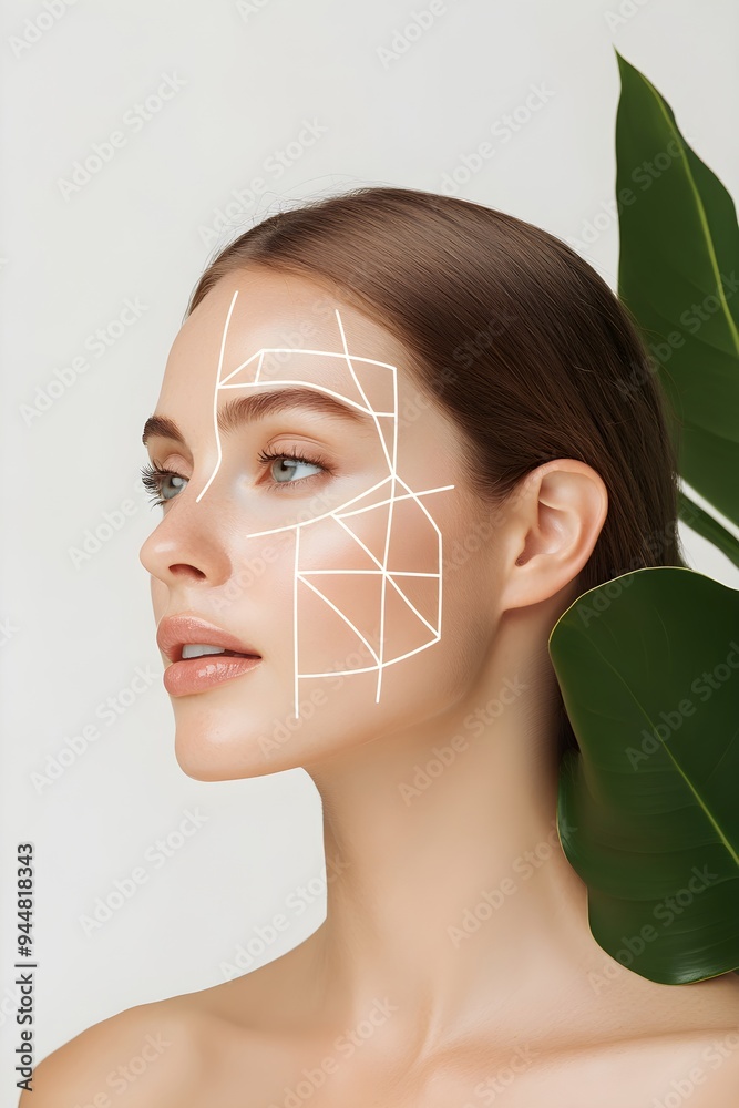 Woman with perfect skin after cosmetic treatment with lifting arrows on ...