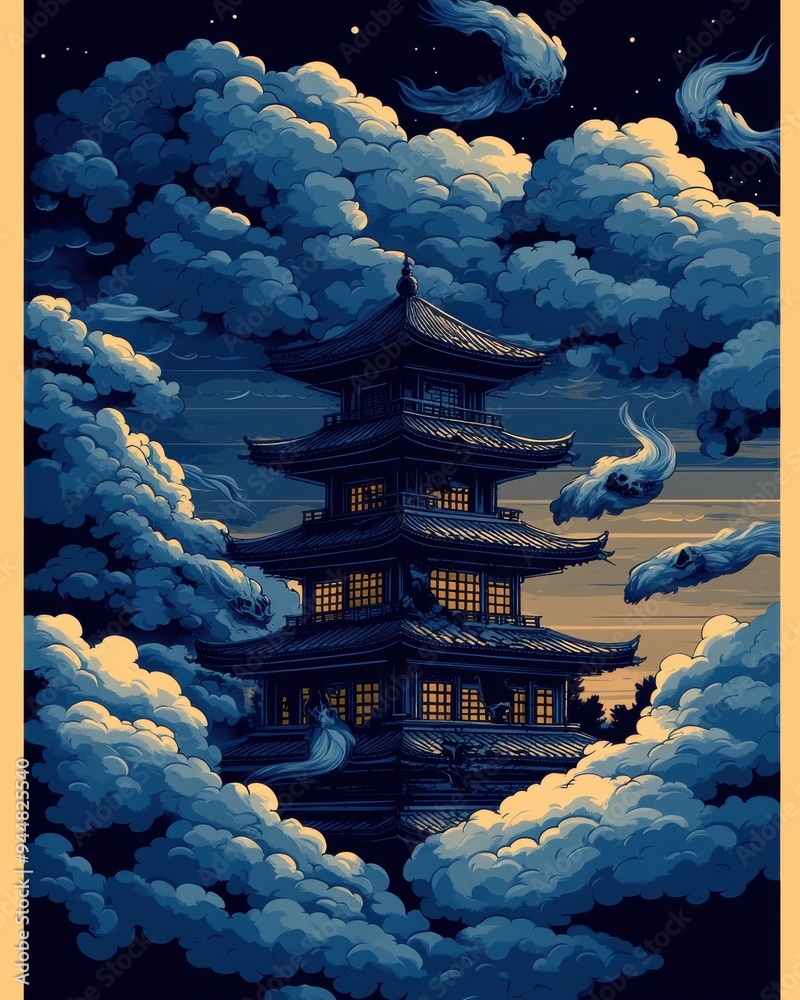 Mystical night sky with illuminated pagoda surrounded by magical ...
