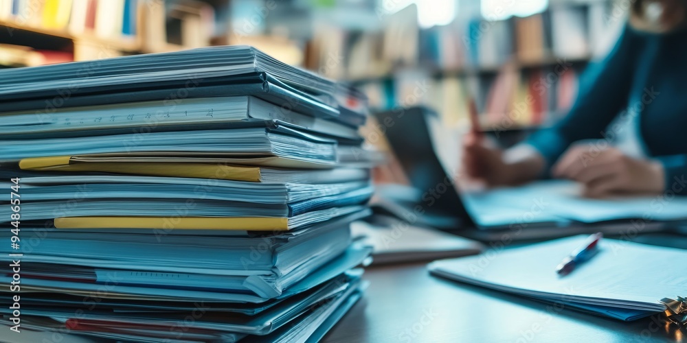 academic journals stacked on a desk, with a researcher highlighting ...