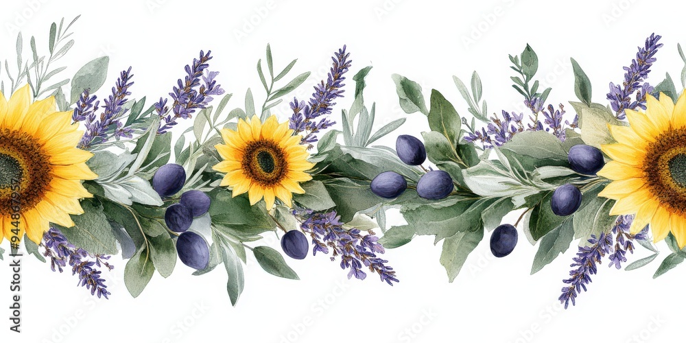 Watercolor floral border design with sunflowers, lavender, and ...
