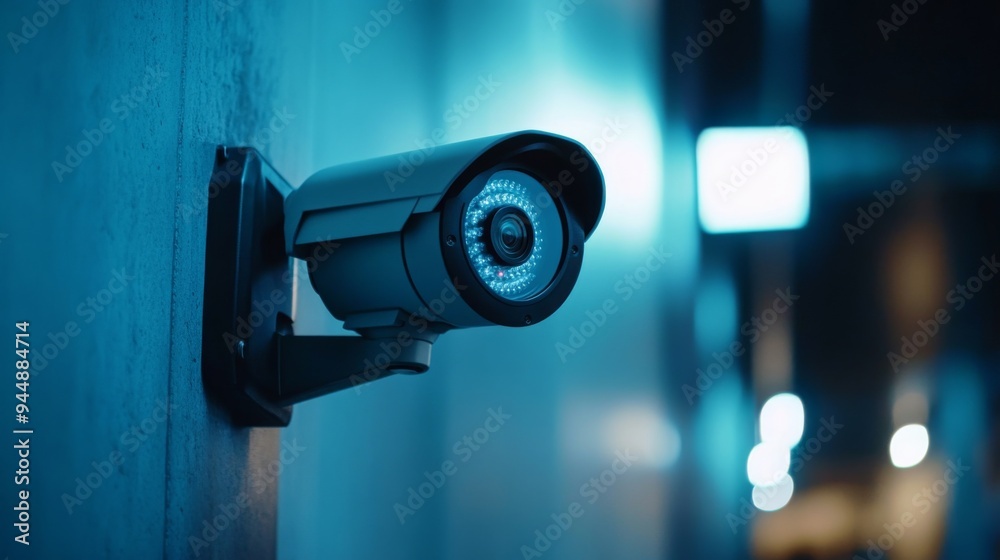 A close-up of a modern CCTV camera mounted on a wall, with a clear view ...
