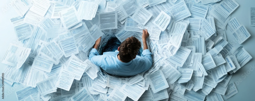 A man sits overwhelmed by a sea of paperwork, illustrating the stress ...