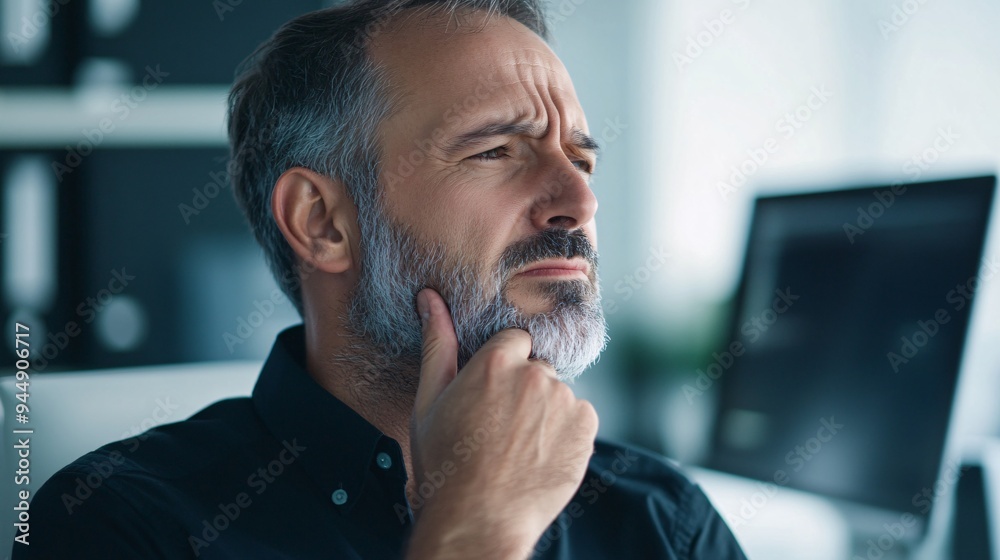 240805 199. A man touching painful chin at office cubicle. Mental ...