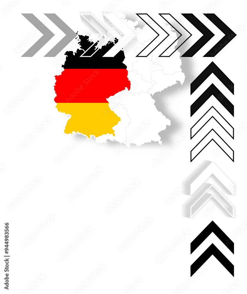 simplified map of Germany, outline map black red yellow, shadow ...
