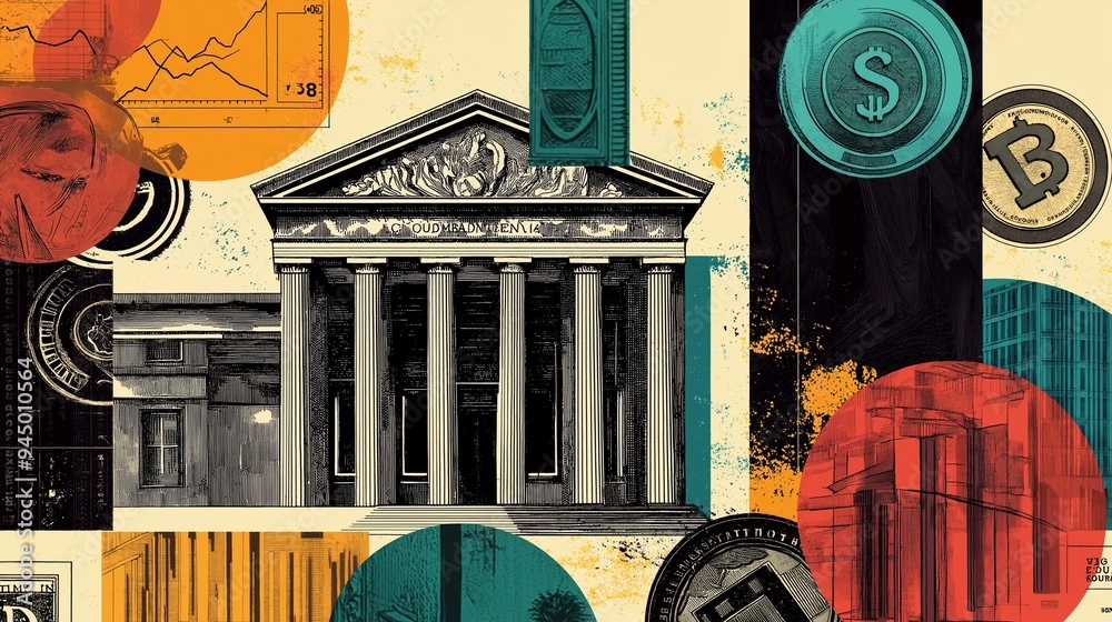 Classical bank facade with columns, financial symbols, and charts ...