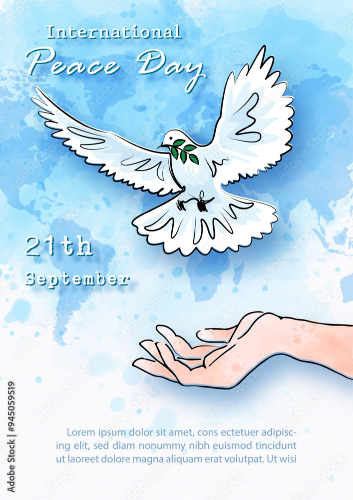 Hand draw line art with watercolors style in a peace dove shape and ...