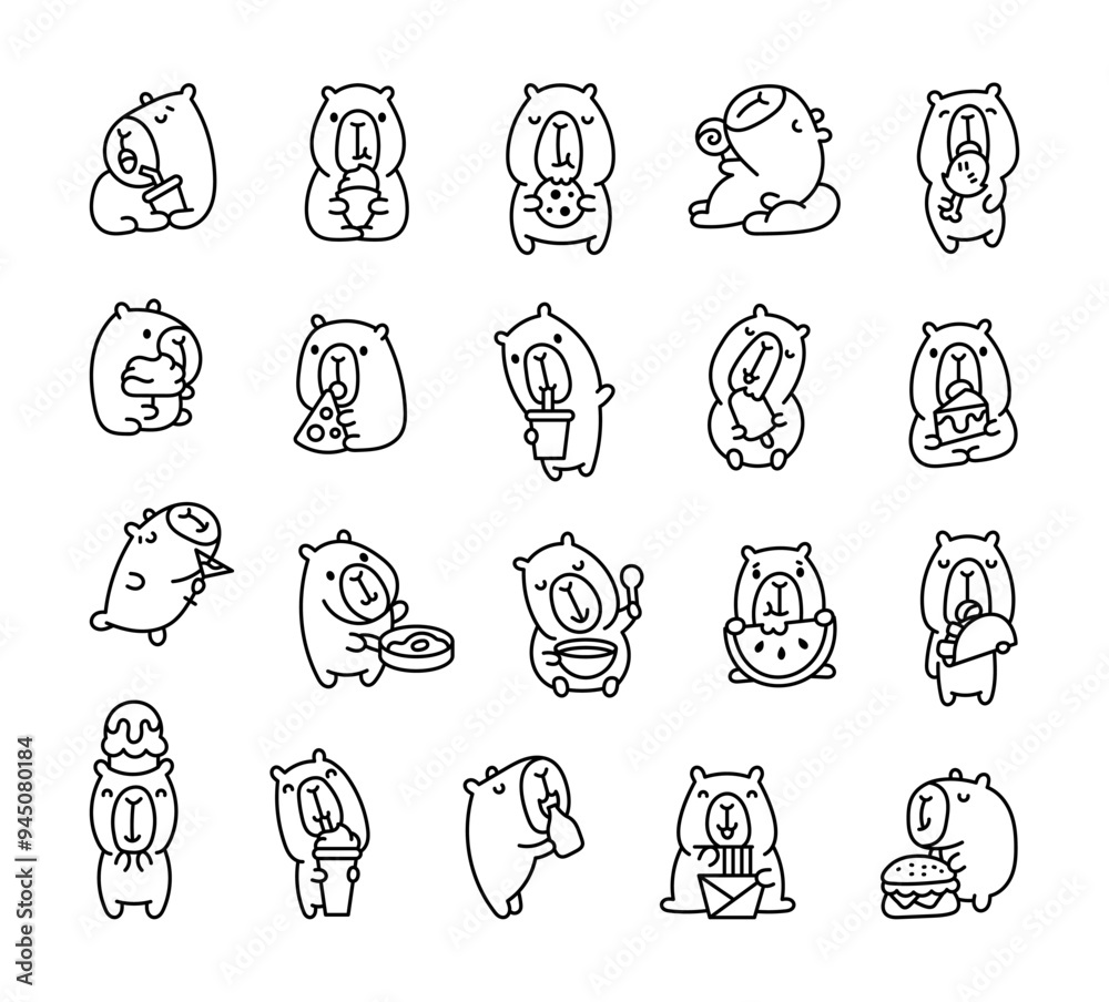 Cute capybara eating. Coloring Page. Funny cartoon animal. Hand drawn ...