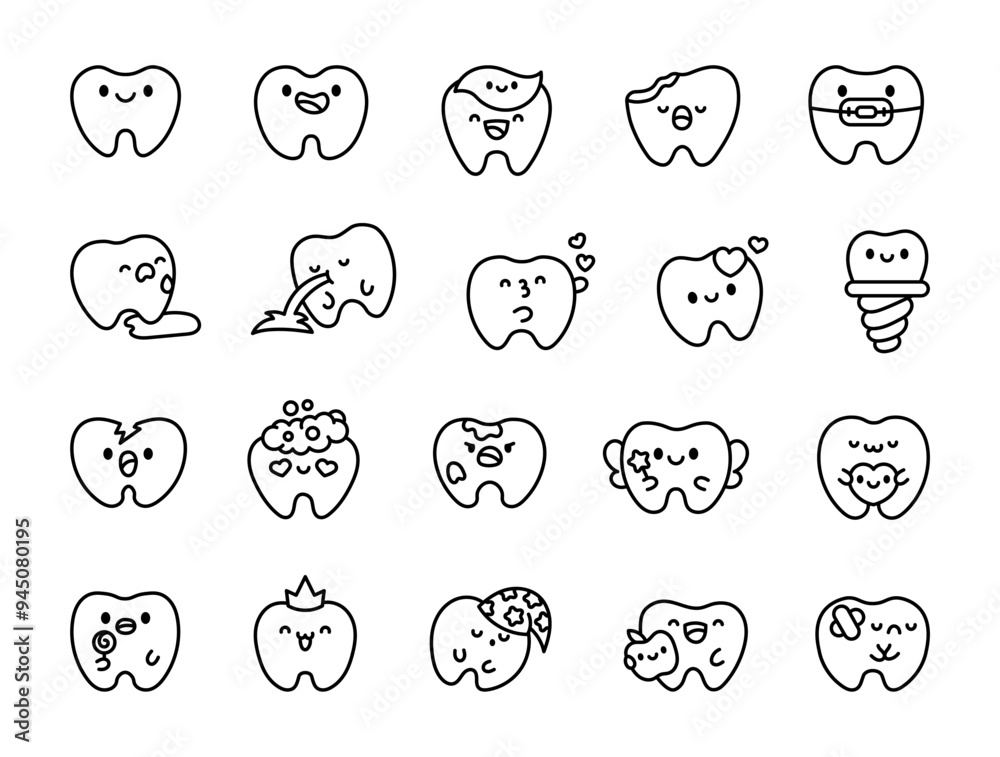 Cute kawaii tooth. Coloring Page. Funny cartoon character. Hand drawn ...