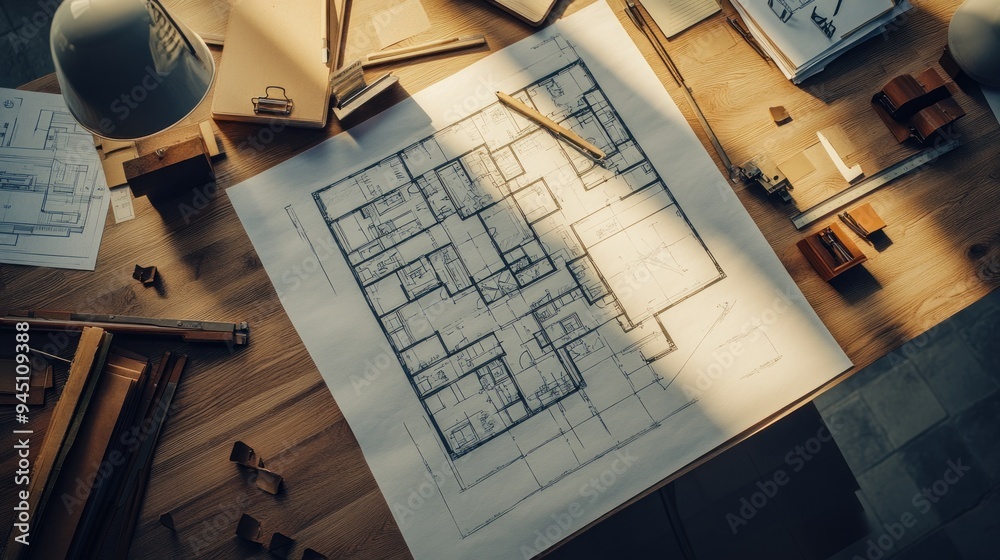 Architecture, level and above of desk with blueprint, floorplan and ...