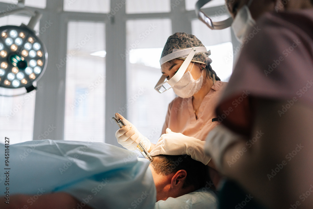 Two female trichologist anesthesiologist performing local needle-free ...