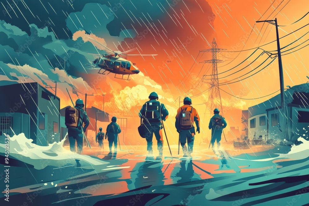 Emergency evacuation victims of natural disasters, flood, earthquake ...