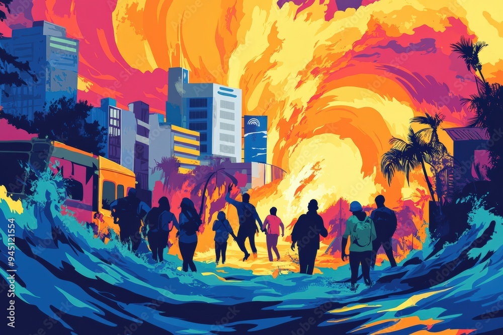 Emergency evacuation victims of natural disasters, flood, earthquake ...