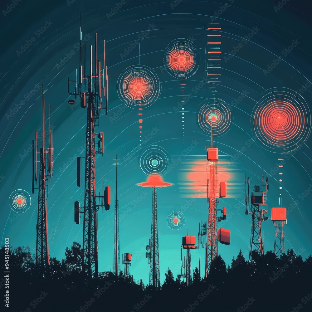 Signal distribution from telecommunication cell towers, with radiating ...
