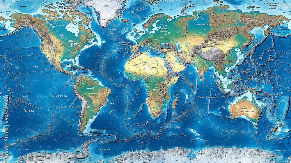 A world map with highlighted ocean features. The map includes details ...