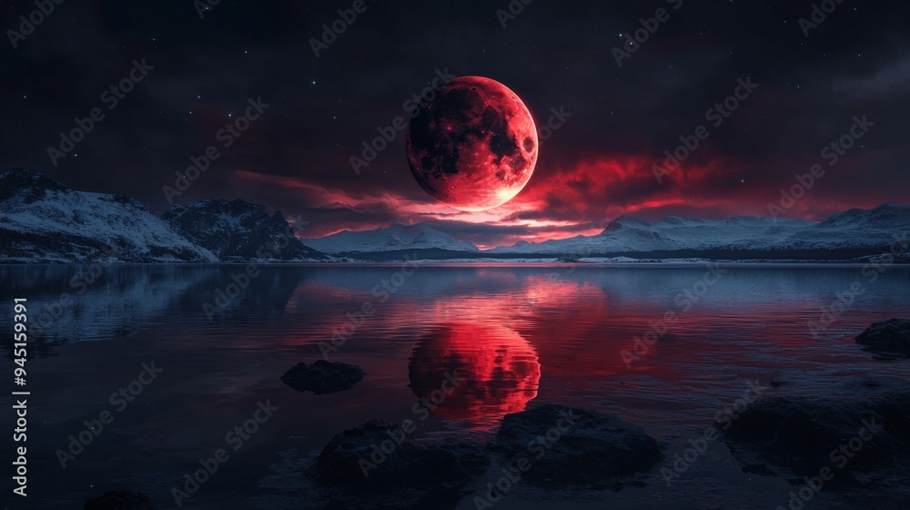 Reflection of the moon during a lunar eclipse, dark sky with a red hue ...