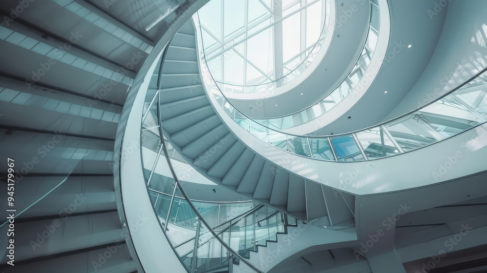 Spiral staircase inside a modern cylindrical building with glass floors ...