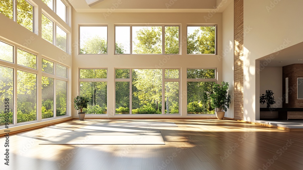A large, empty living room with expansive windows that flood the space ...
