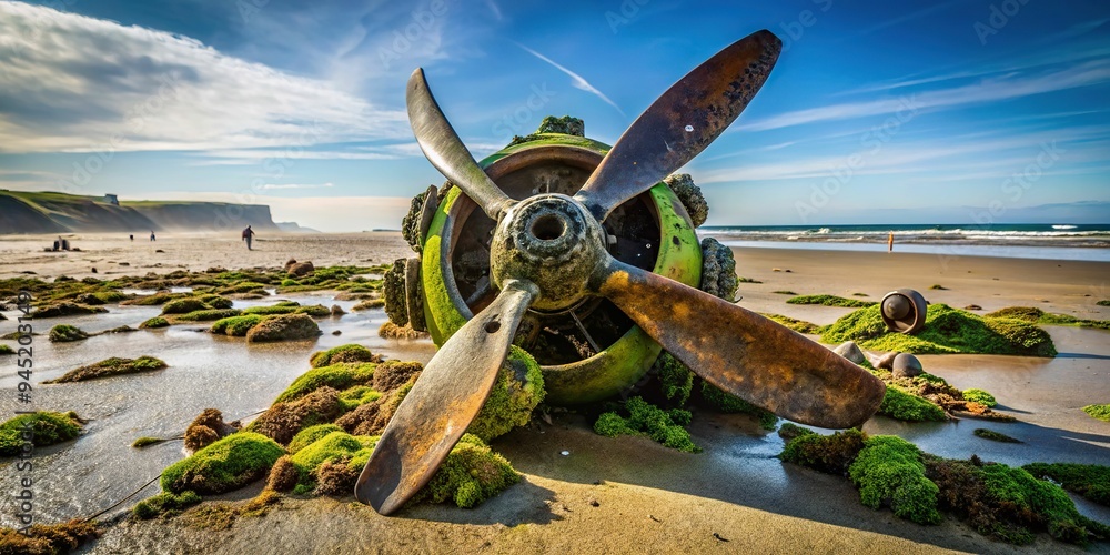 7. A historic olive drab aircraft propeller, partially buried in a ...