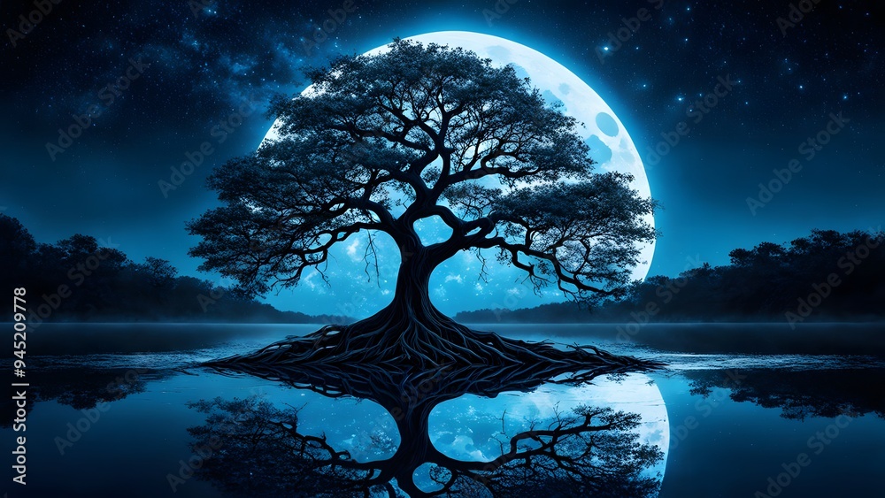 landscape tree with glow moon desktop wallpaper, pc wallpaper 4k Stock ...