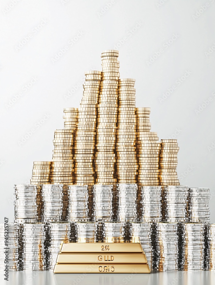 Piles of banknotes and stacks of gold coins form a pyramid with silver ...