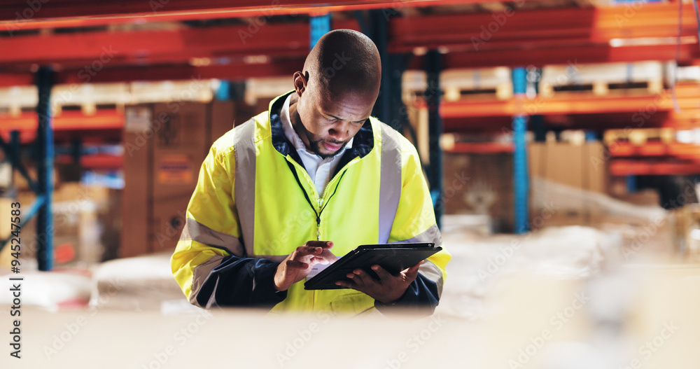 Logistics, black man and tablet in warehouse for checklist, inventory ...