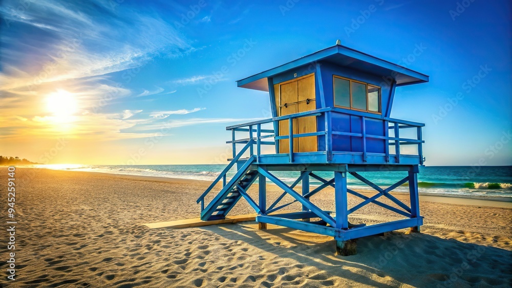 8. A bright, sunny day at the beach, with a denim blue lifeguard tower ...