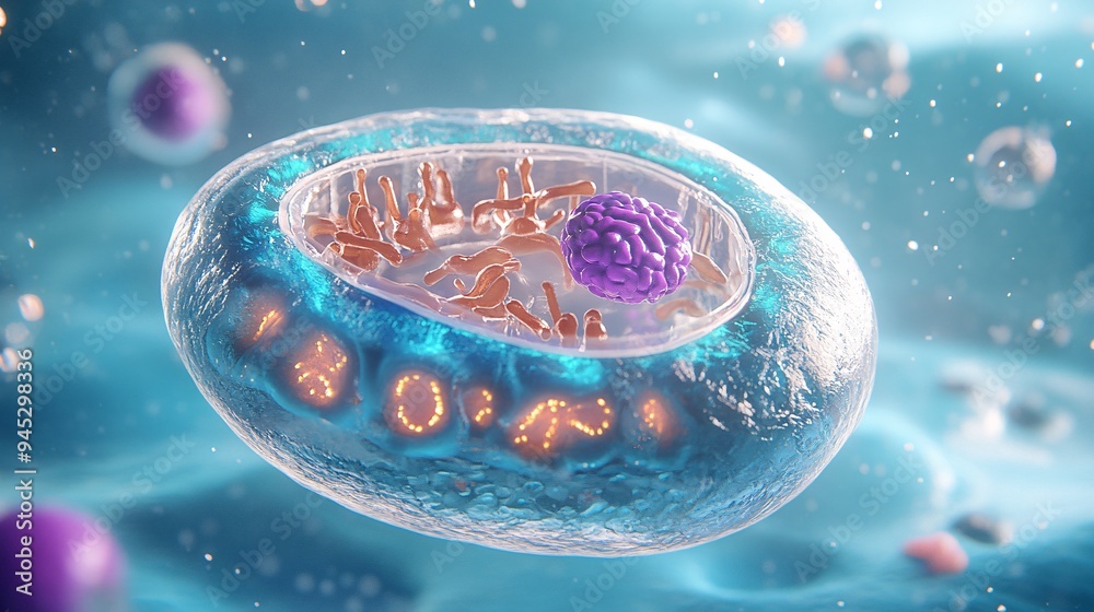 A highly detailed 3D rendering of a single human cell, showing the cell ...