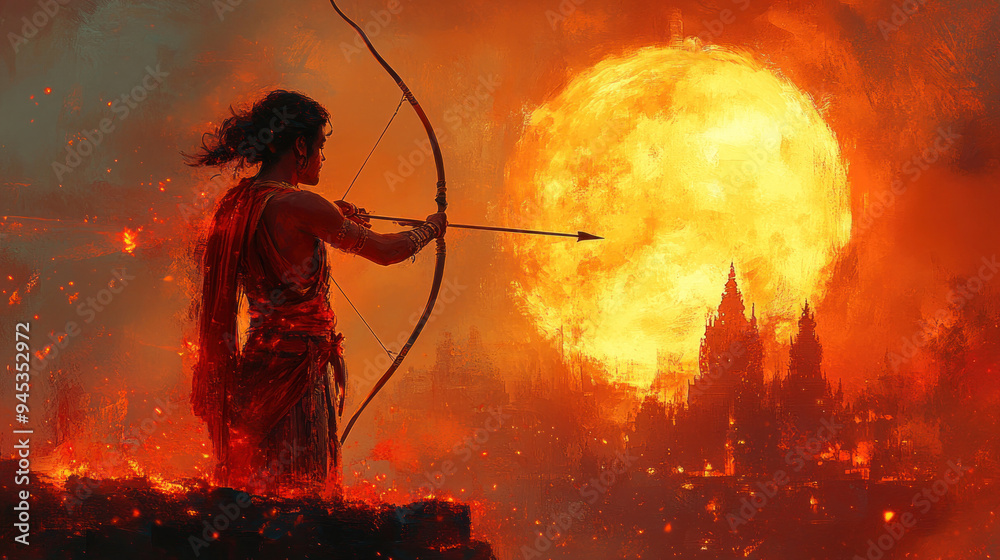 A creative representation of the Ramayana key symbols, such as the bow ...