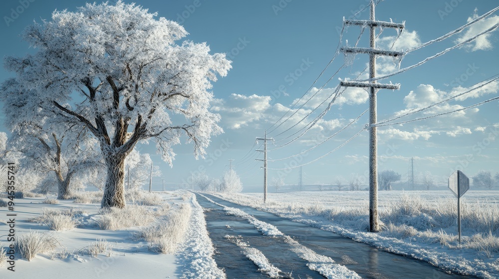 Ice storm covering trees and power lines with a layer of ice, freezing ...