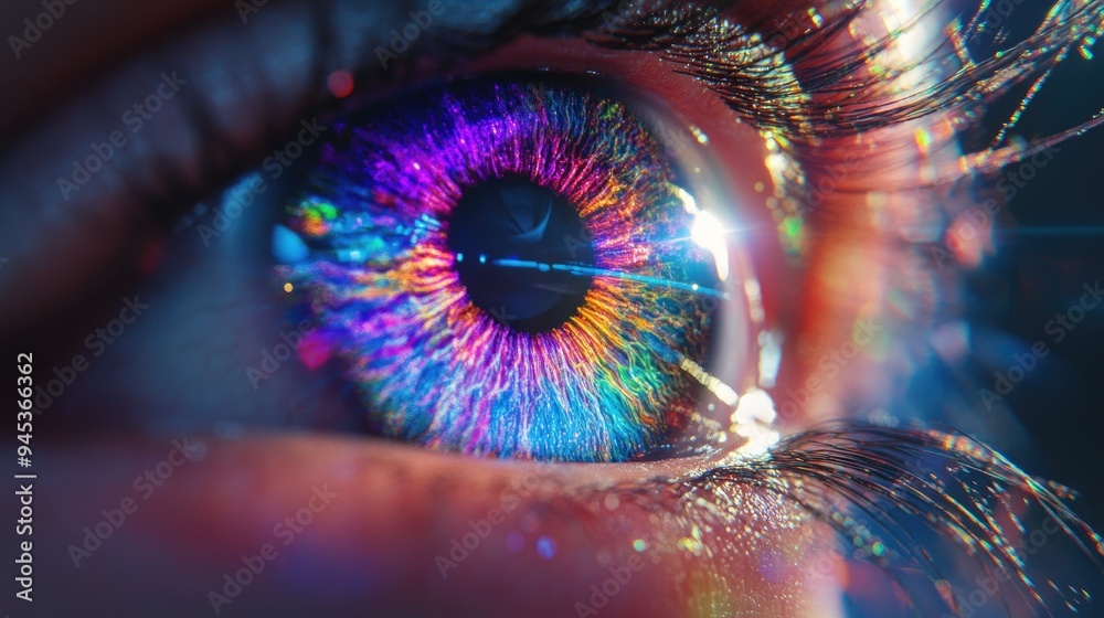 Animation concept of a human multicolored iris featuring rainbow lines ...