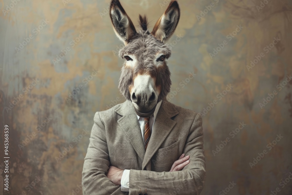 Surreal portrait of a donkey-headed man dressed in a suit, blending the ...