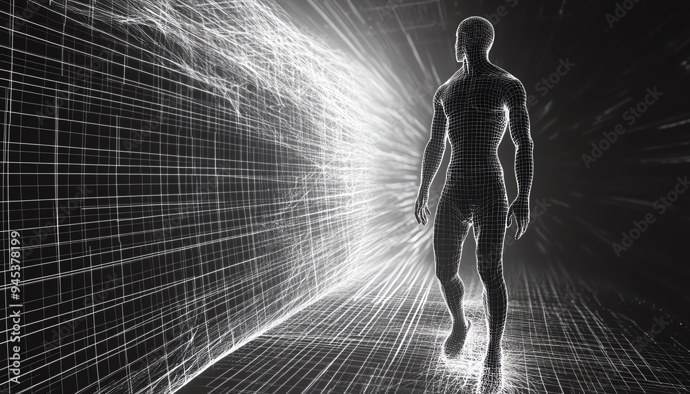 Detailed black and white visualization of a human within a gridpattern ...