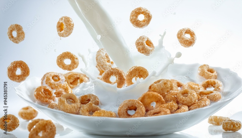 Tasty ring cereals with milk splashes falling in the air isolated. Food ...