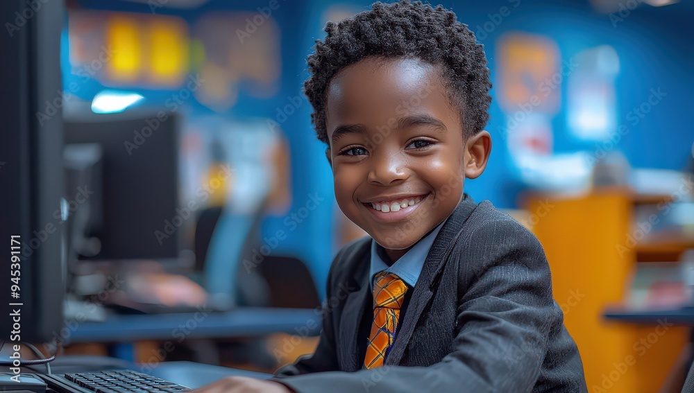 A young Black South African boy smiles as he types on his computer in ...