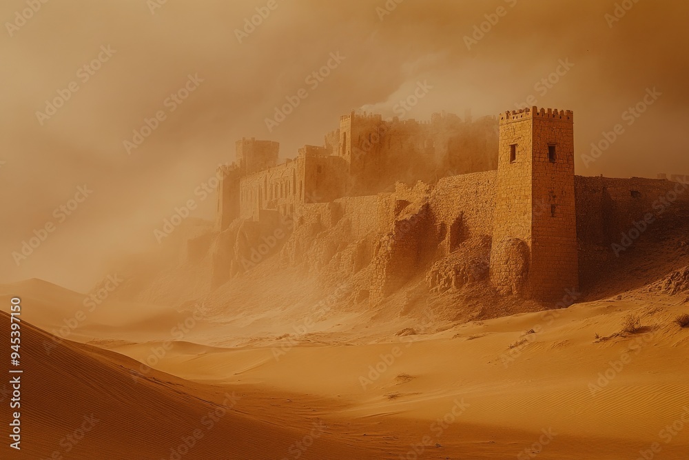 A dusty desert stronghold stands resilient and solitary amidst shifting ...