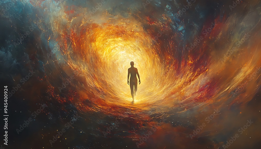 Fullcolor image of a human figure moving through a glowing birth canal ...